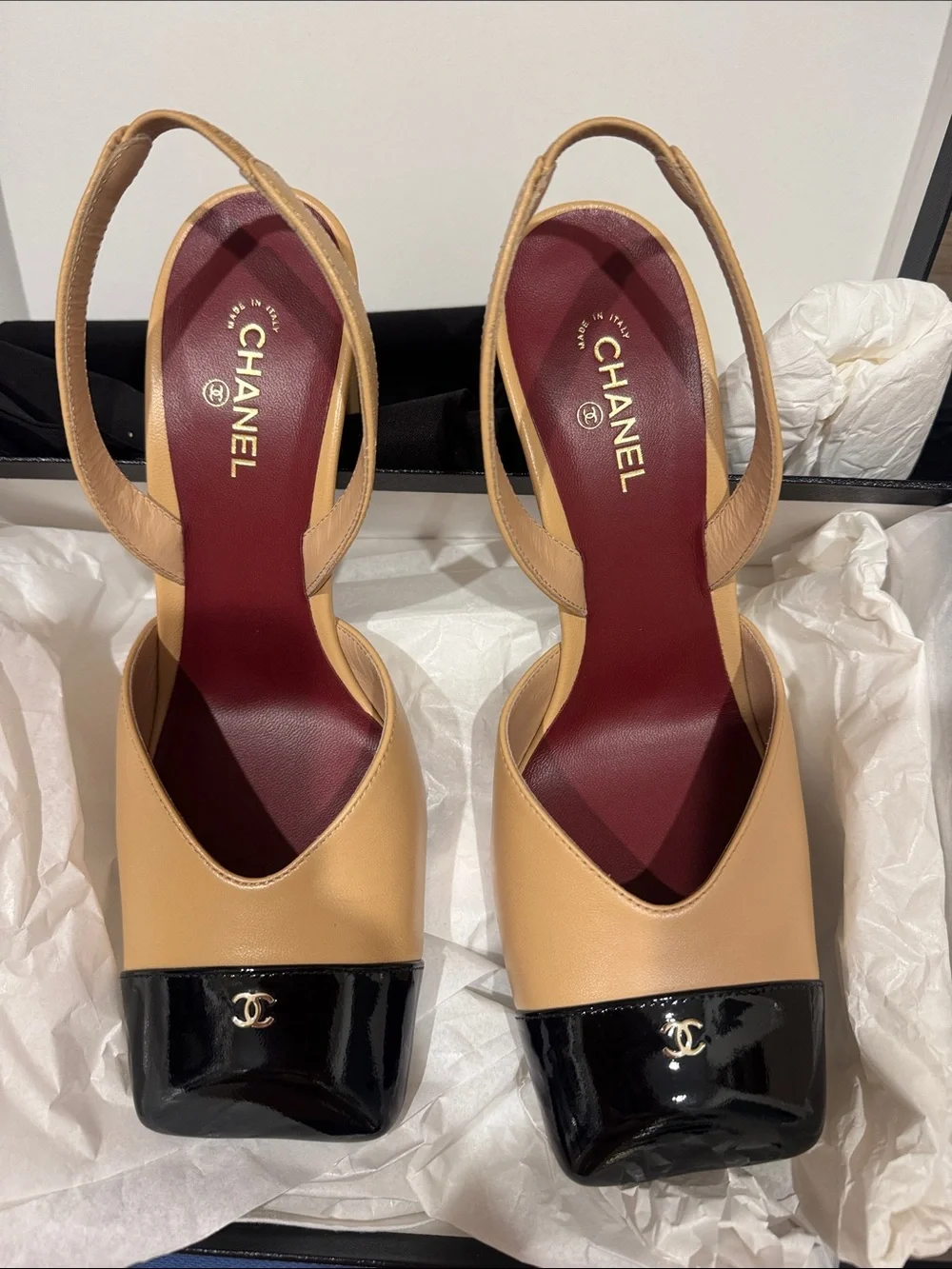 CHANEL | Shoes | Chanel Beige And Black Slingback Pumps With Patent Cap ...